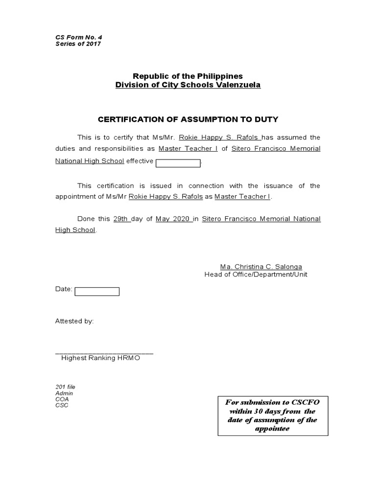 CS Form No. 4 Certification of Assumption To Duty 2020 | PDF
