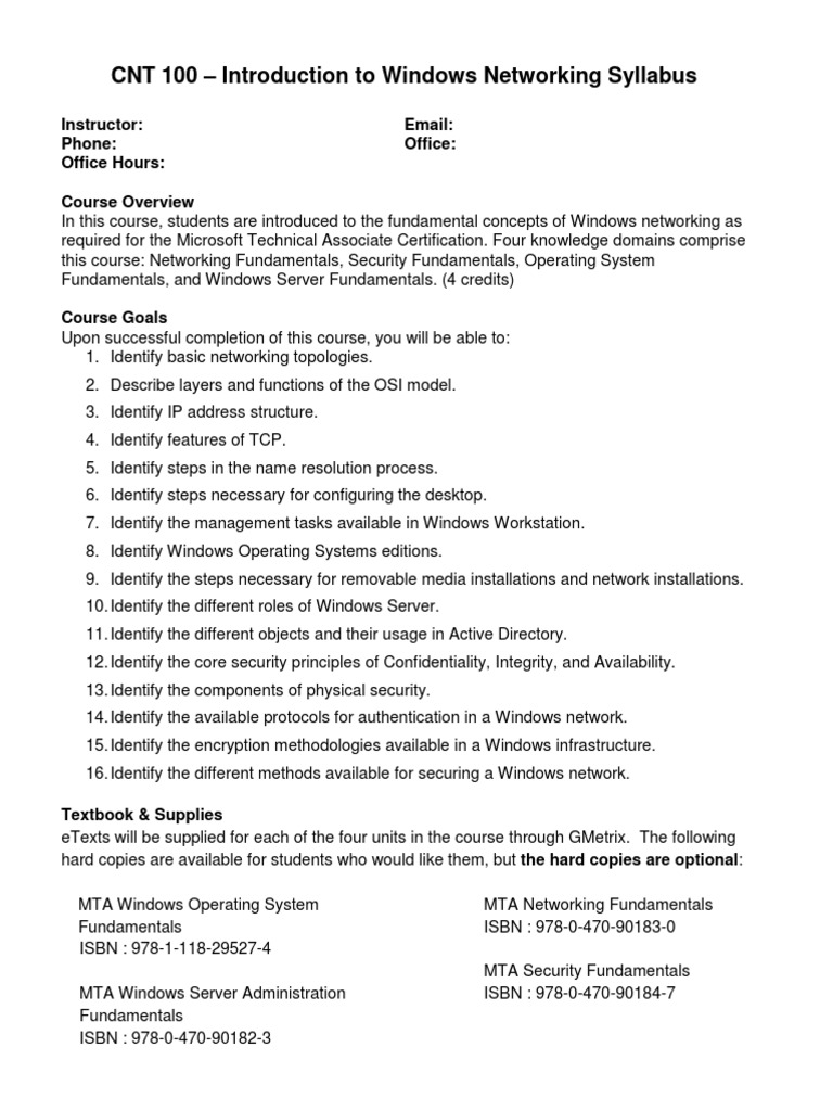 CNT 100 - Introduction To Windows Networking Syllabus: Instructor ...
