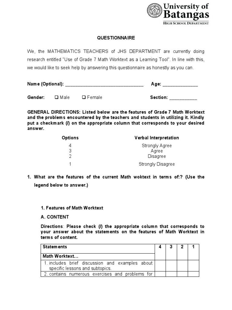 QUESTIONNAIRE Short Math | PDF | Teachers | Teaching Mathematics
