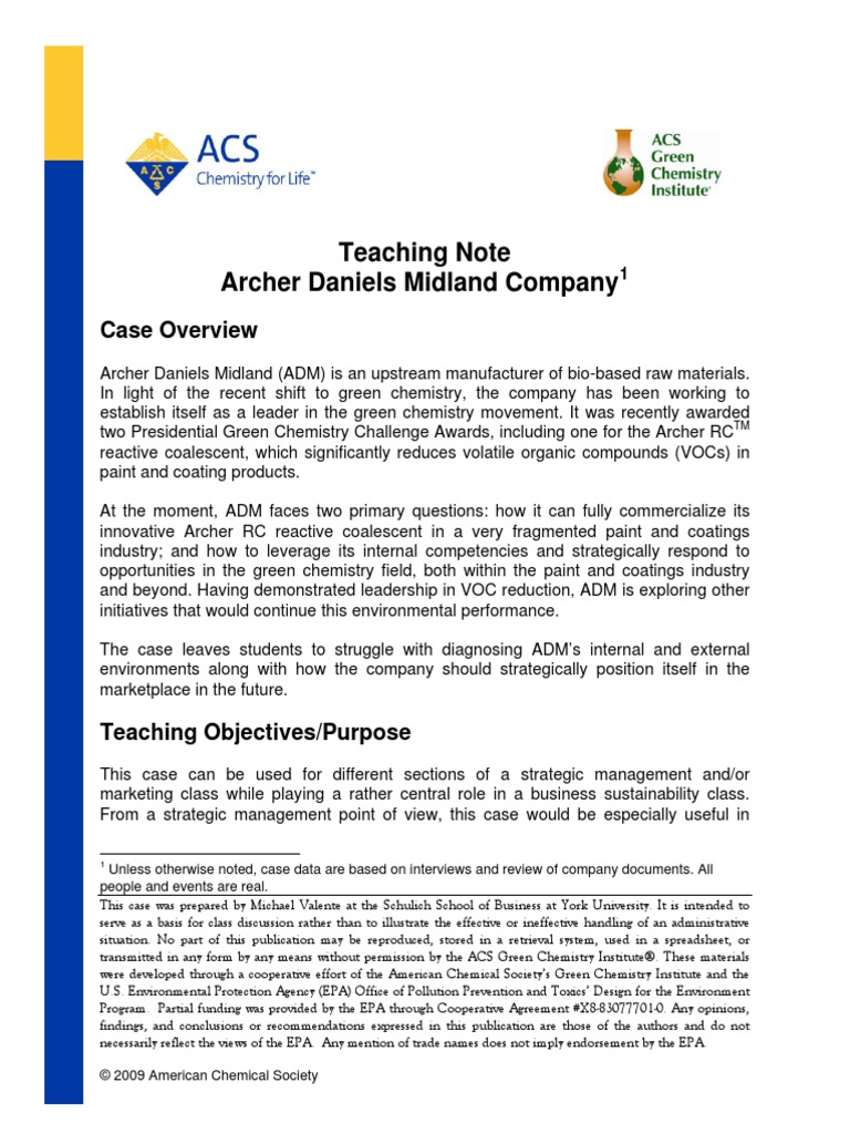 Teaching Note Archer Daniels Midland Company: Case Overview | PDF ...