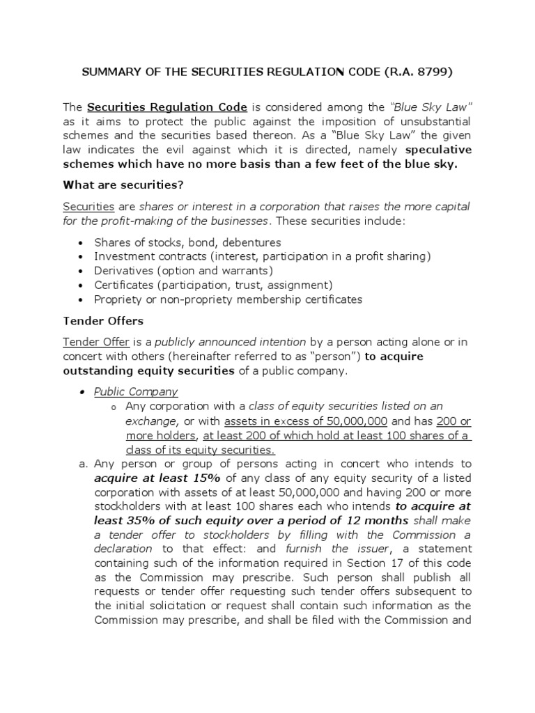 Securities Regulation Code (RA 8799) | PDF | Securities (Finance) | Stocks