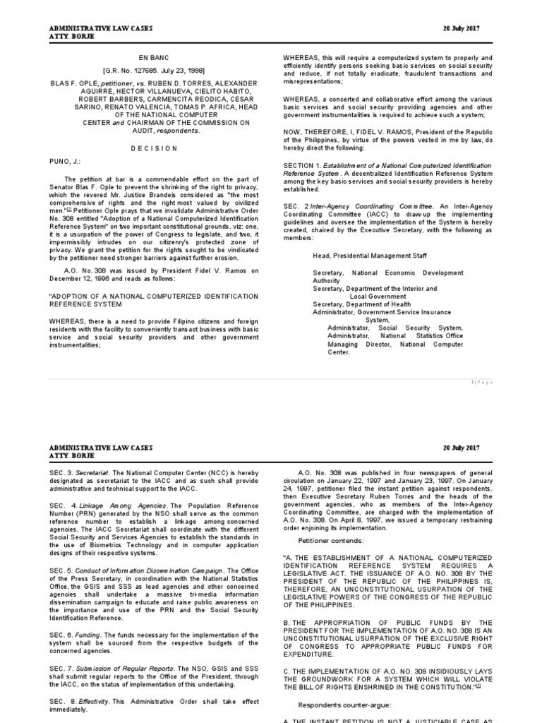 Administrative Law Cases | PDF | Privacy | Biometrics