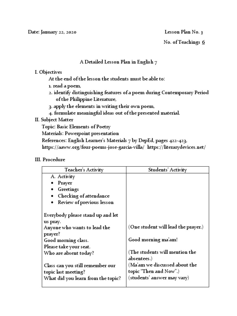 Lesson Plan 1 | PDF | Poetry | Lesson Plan
