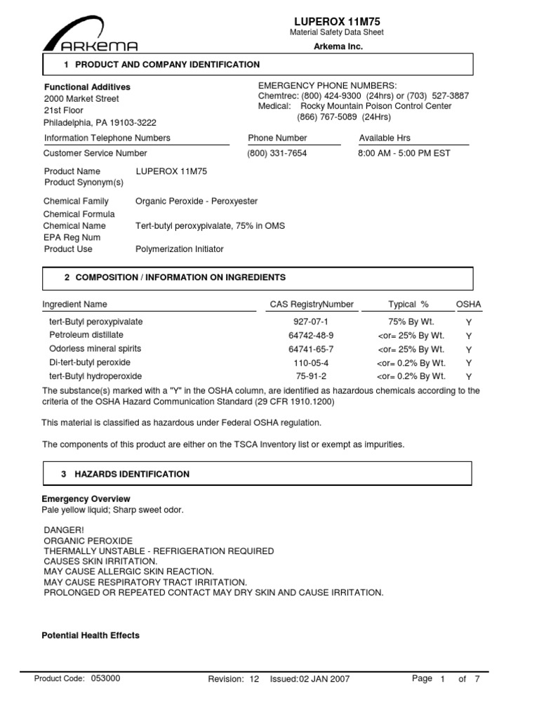 MSDS Luperox 11M75 (T-Butilpivalato) | PDF | Personal Protective ...