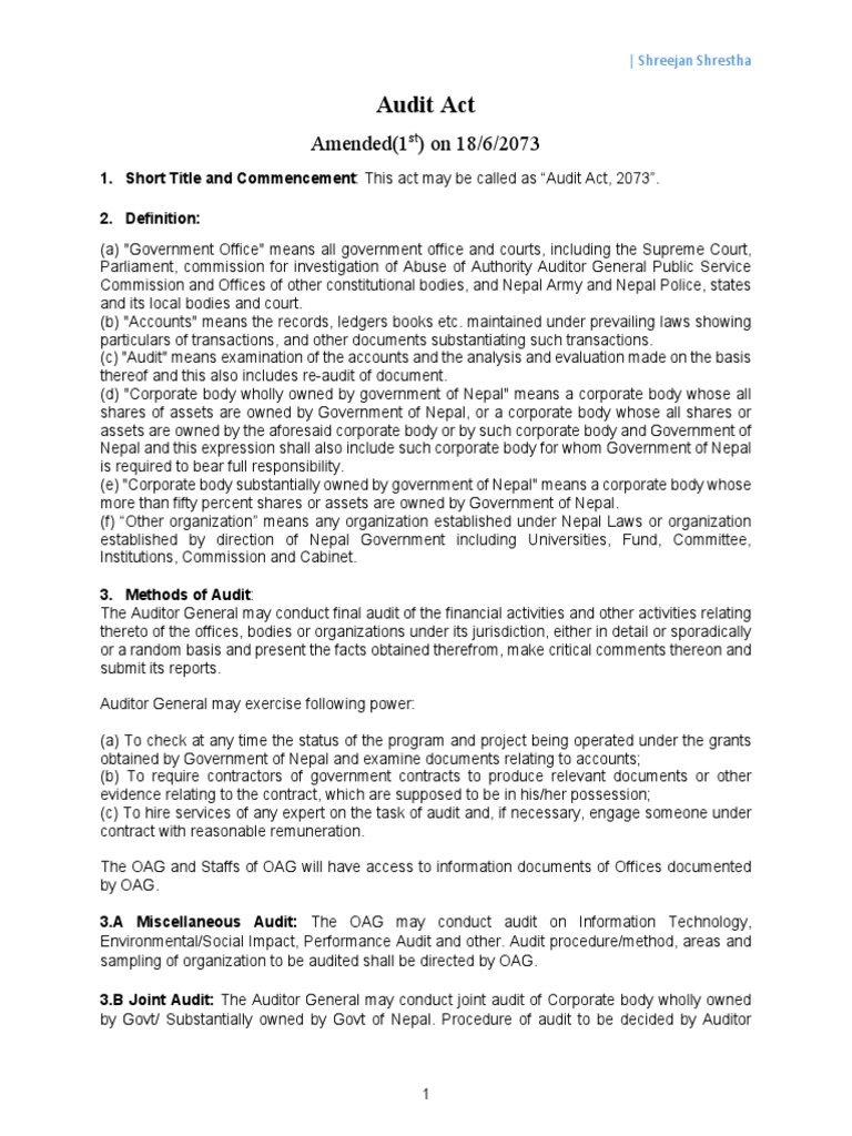Audit Act 2073 Overview and Provisions | PDF | Auditor's Report | Audit
