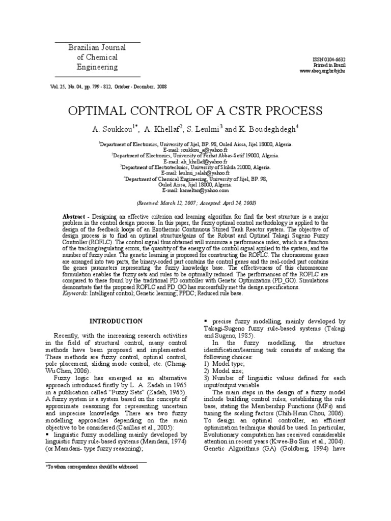 Optimal Control of A CSTR Process | PDF | Fuzzy Logic | Chemical Reactor