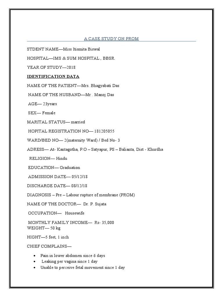 PROM Case Study on Mrs. Bhagyabati Das | PDF | Childbirth | Preterm Birth