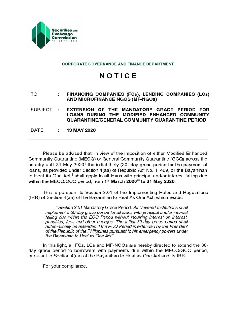 SEC Notice - 13may2020 | PDF | Loans | Financial Services