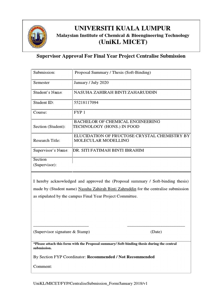 Universiti Kuala Lumpur (Unikl Micet) : Supervisor Approval For Final ...