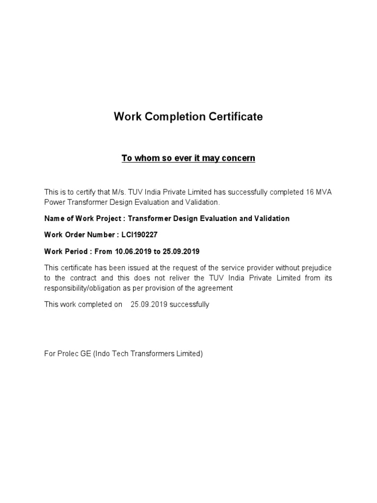 Work Completion Certificate: To Whom So Ever It May Concern | PDF