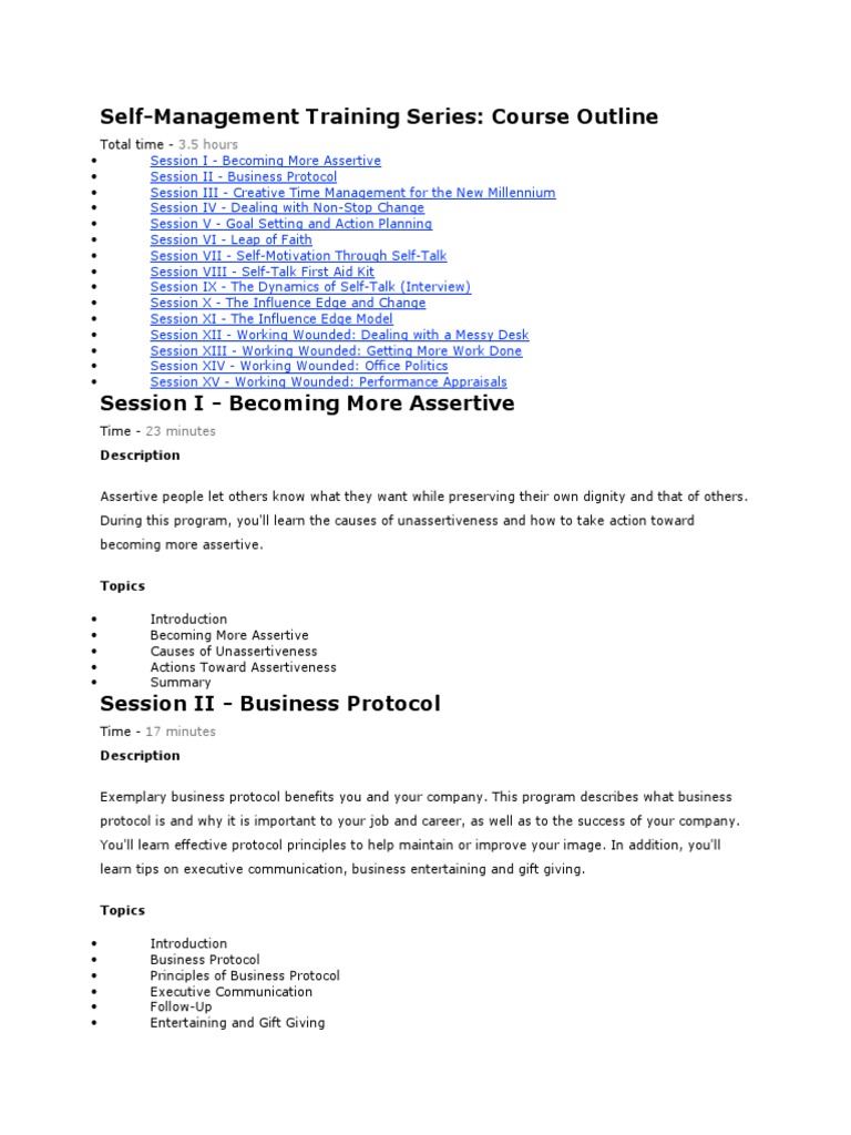 Self Management Coure Outline | PDF | Goal Setting | Goal