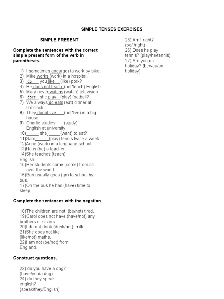 Simple Tenses Exercises | PDF | English Language | Grammar