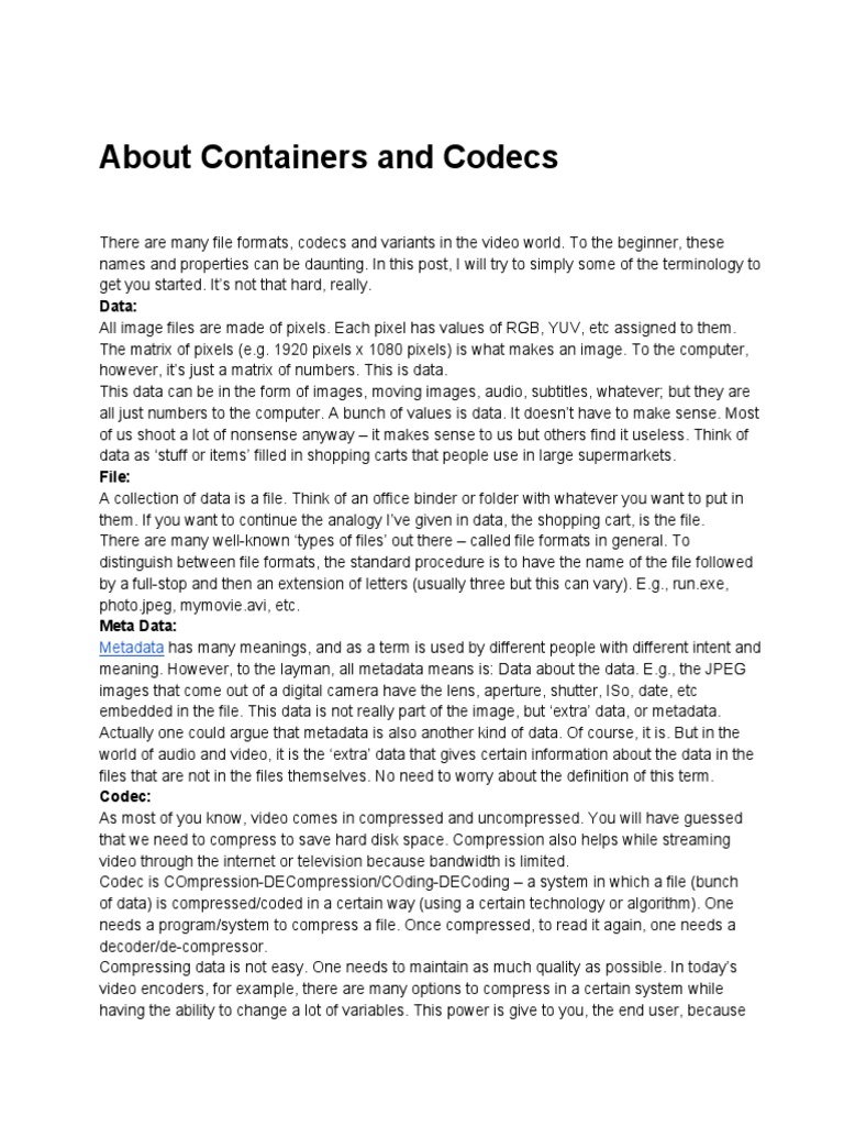 About Containers and Codecs: Data | PDF | Data Compression | Codec About Containers and Codecs: Data | PDF | Data Compression | Codec