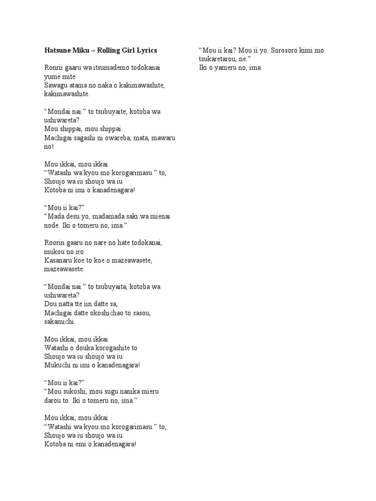Hatsune Miku - Rolling Girl Lyrics | PDF