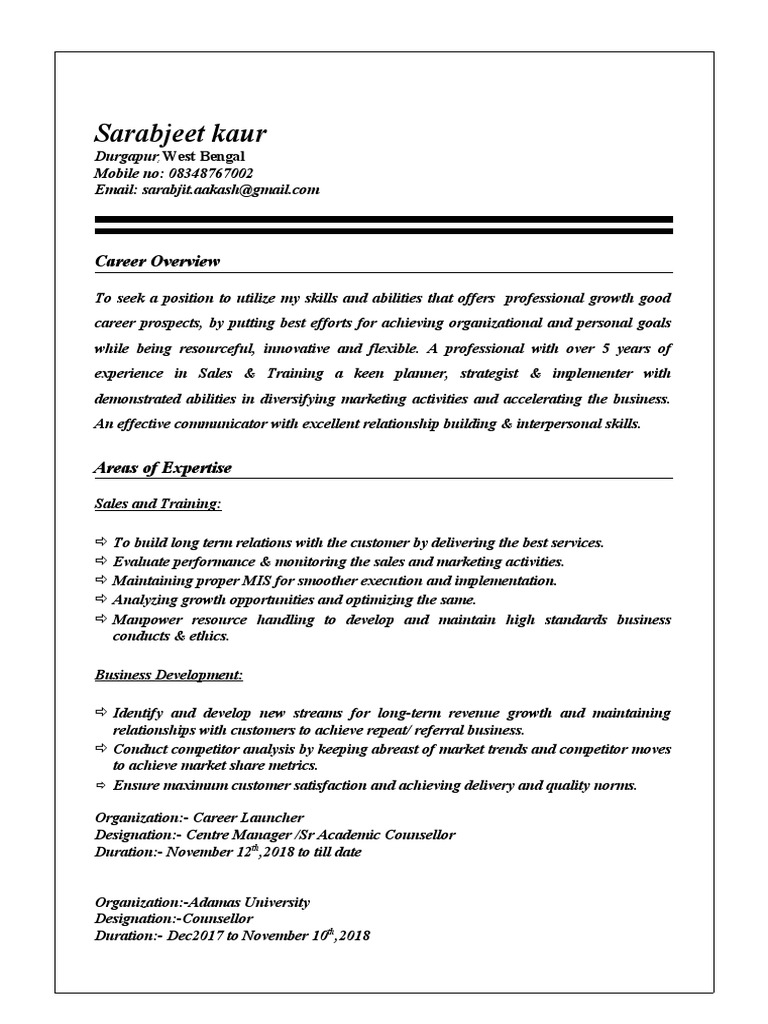 Sarabjeet Kaur: Career Overview | PDF | Sales | Human Resources