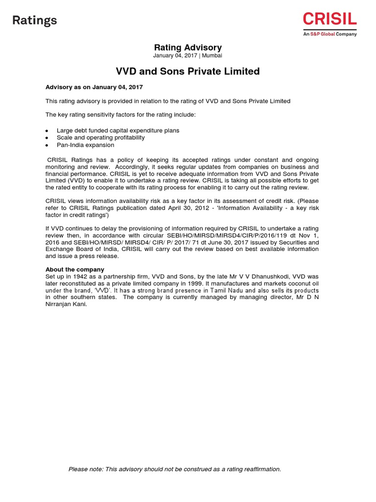 VVD and Sons Pvt Ltd Rating Advisory | PDF | Securities (Finance ...