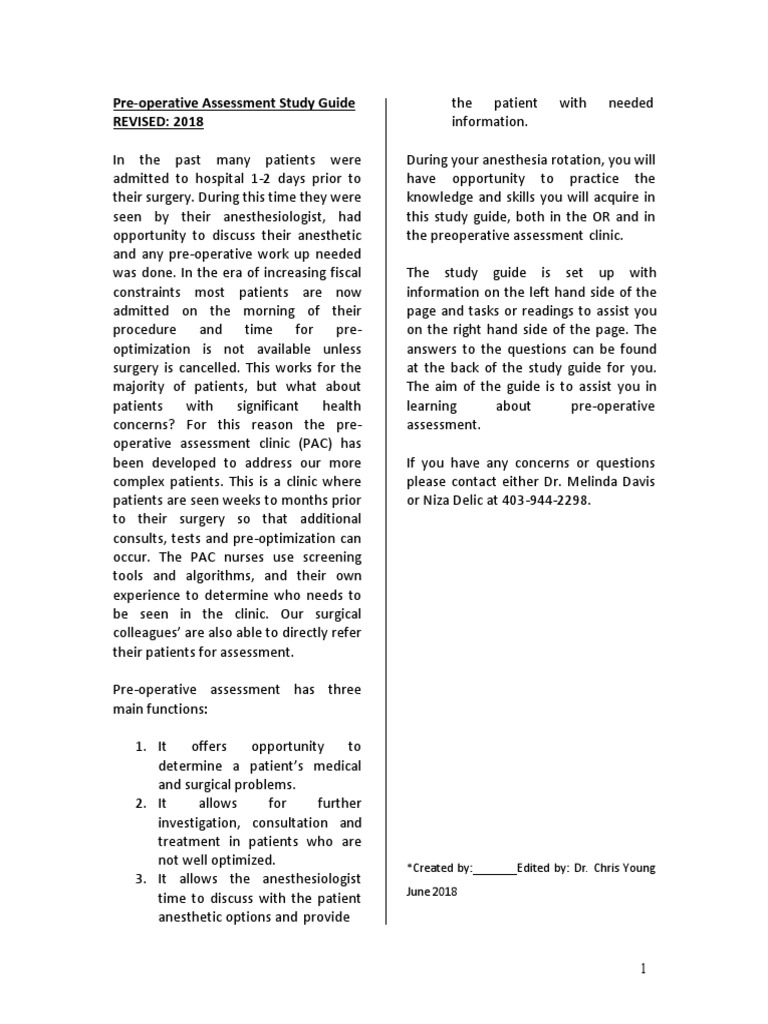 Pre-Operative Assessment Study Guide REVISED: 2018: Created By: Edited ...