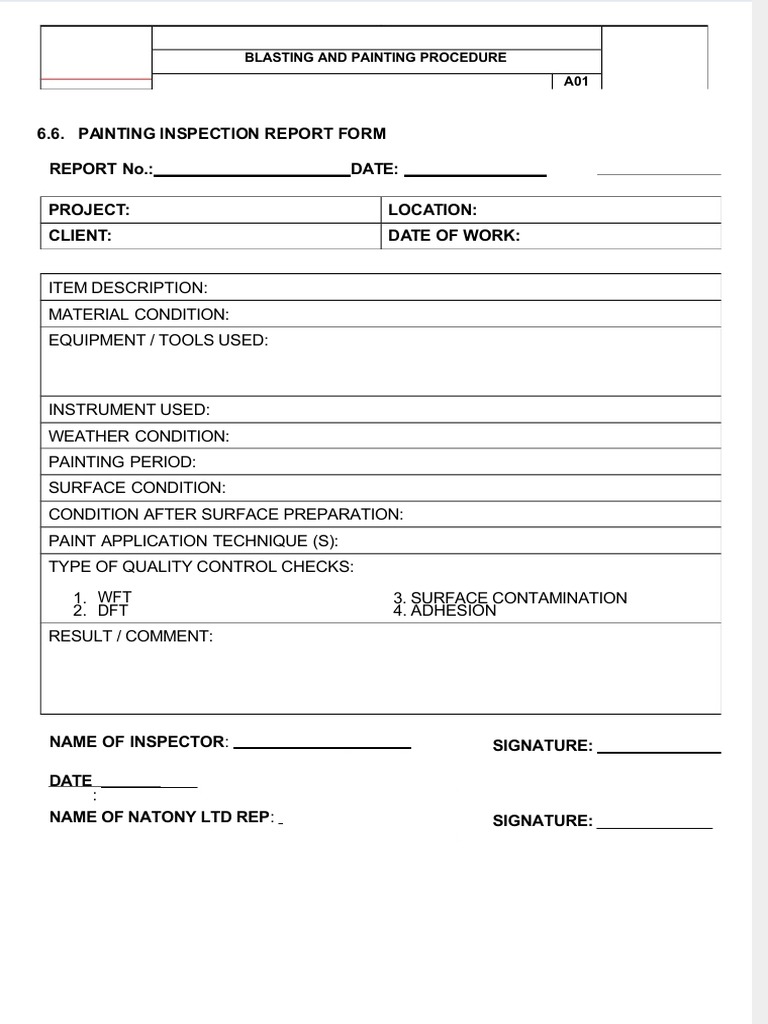 6.6. Painting Inspection Report Form: Blasting and Painting Procedure ...
