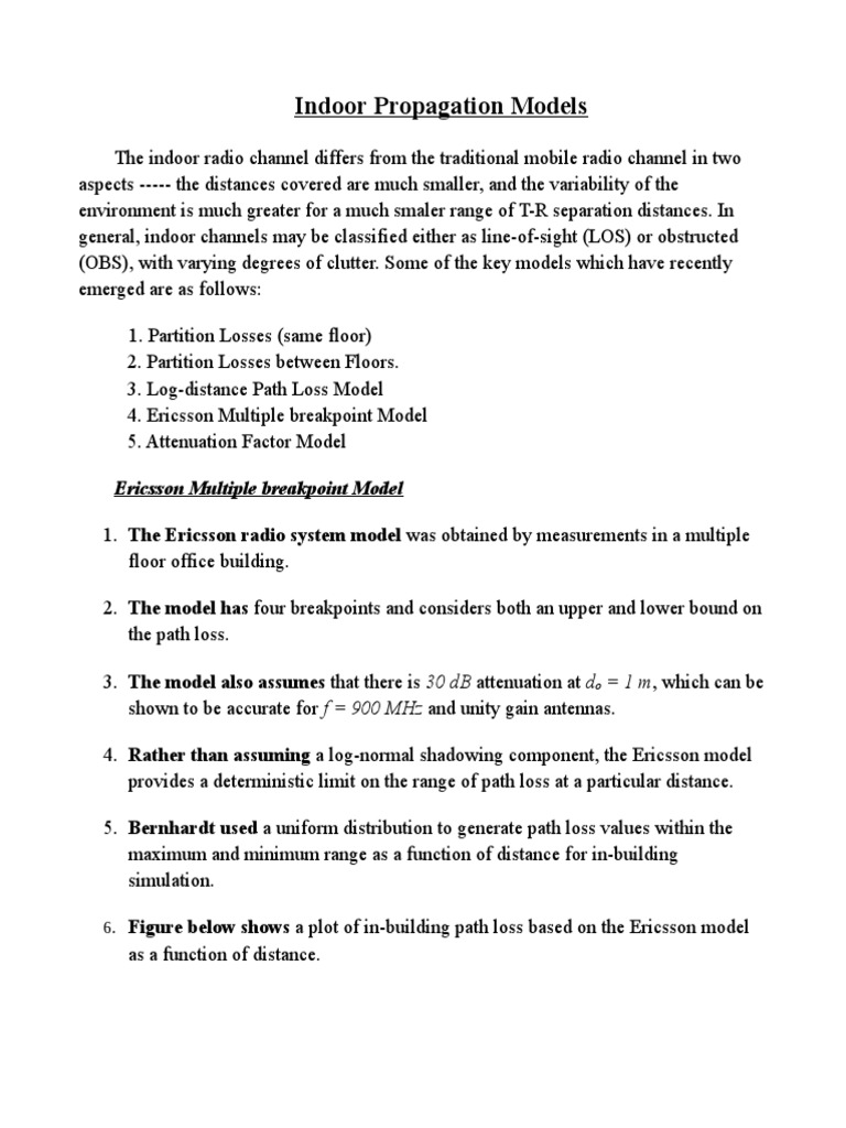 Indoor Propagation Models: Ericsson Multiple Breakpoint Model | PDF