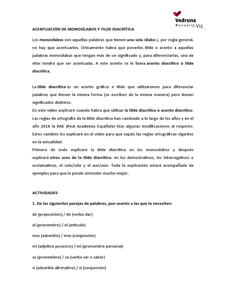 Acentuación y Tilde Diacrítica en Monosílabos | PDF | Mecánica del ...