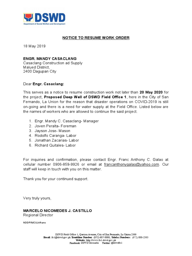 Notice To Resume Work Order | PDF