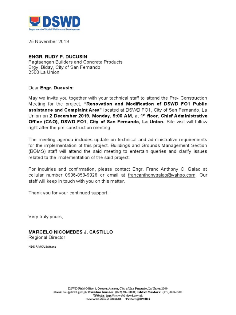 Pre-Construction Meeting Invitation | PDF | Business | Law