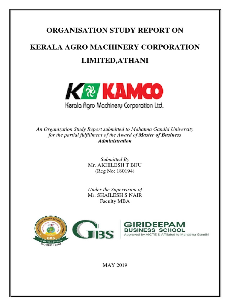 Organisation Study Report On Kerala Agro Machinery Corporation Limited ...