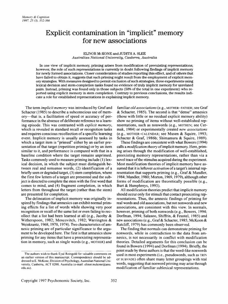 Explicit Contamination in Implicit Memory PDF | PDF | Priming ...