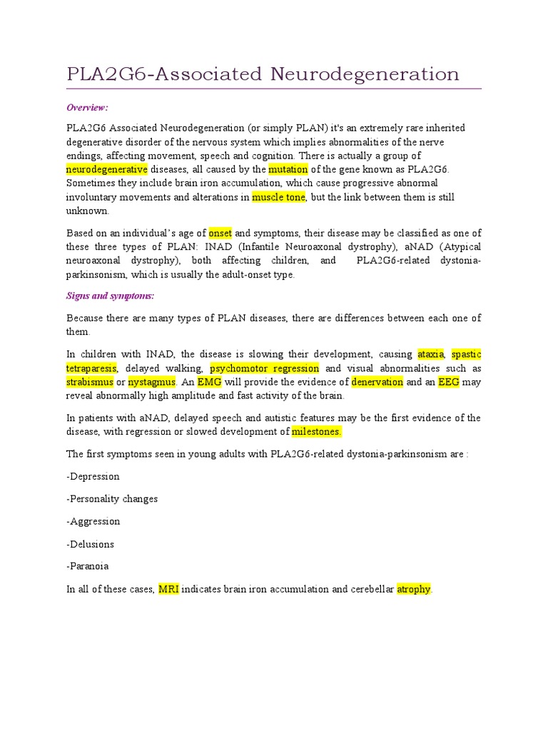 PLA2G6-Associated Neurodegeneration: Overview | PDF | Neurological ...