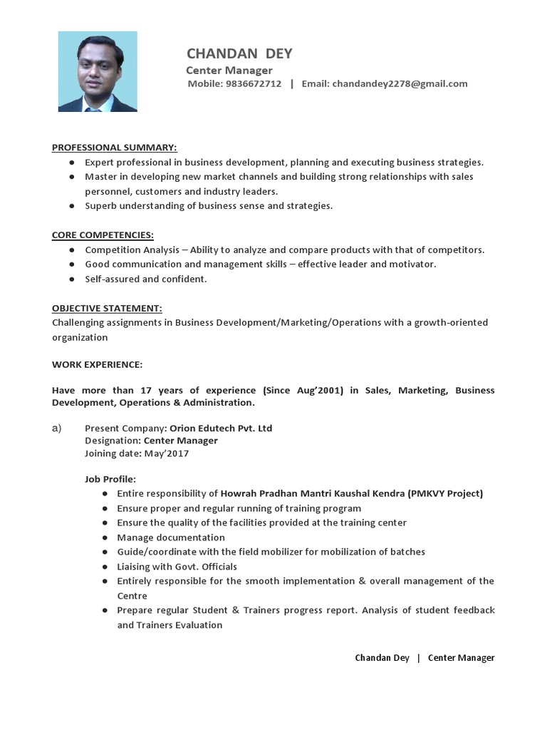 Chandan Dey: Center Manager | PDF | Sales | Marketing