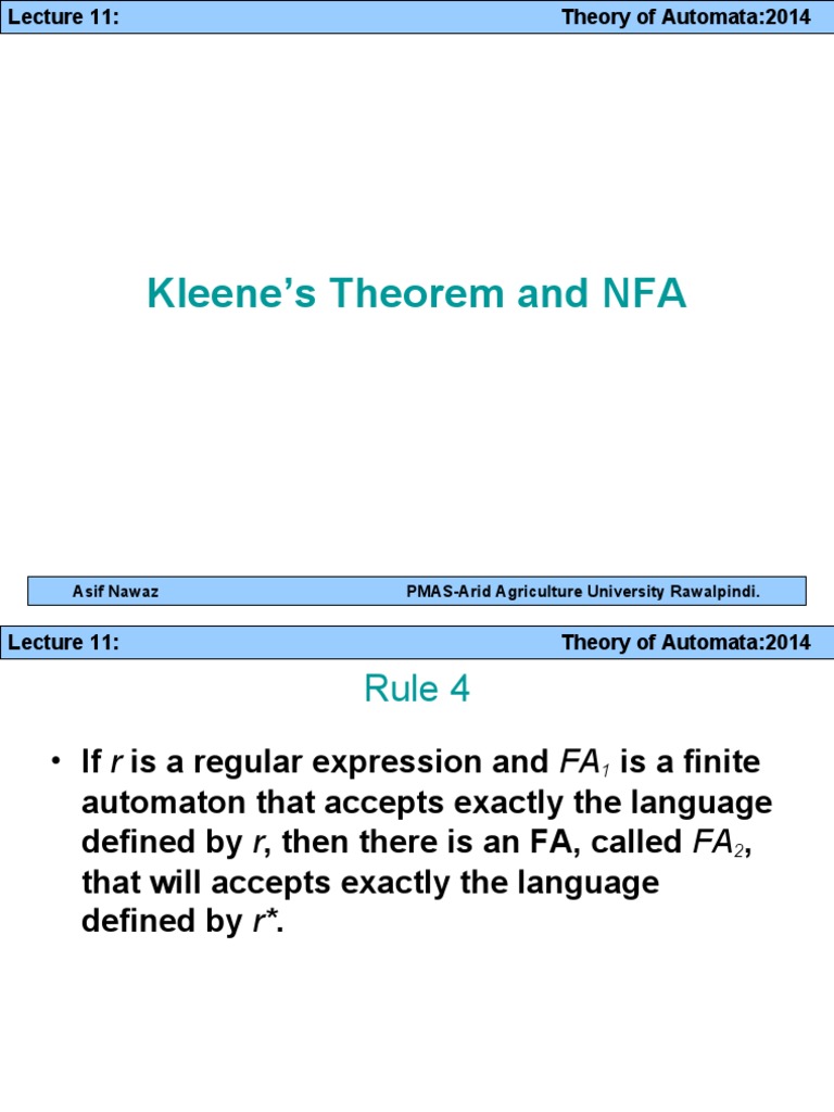 Kleene's Theorem and NFA: Asif Nawaz PMAS-Arid Agriculture University ...