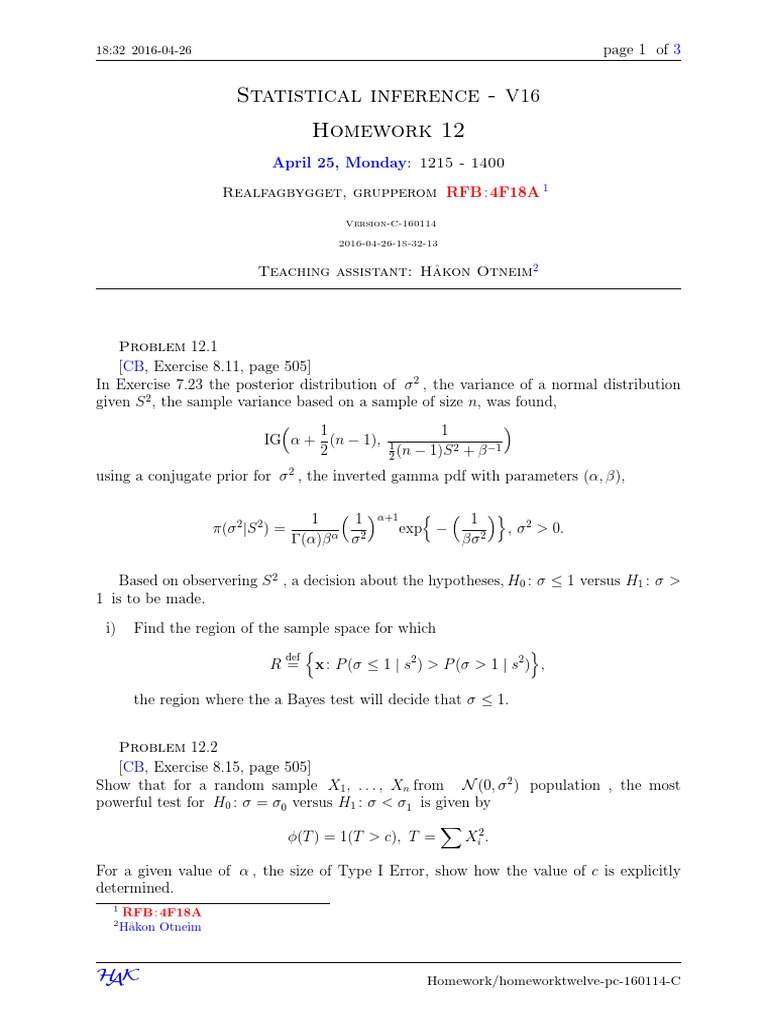 Statistical Inference Homework Solutions | PDF | Type I And Type Ii ...