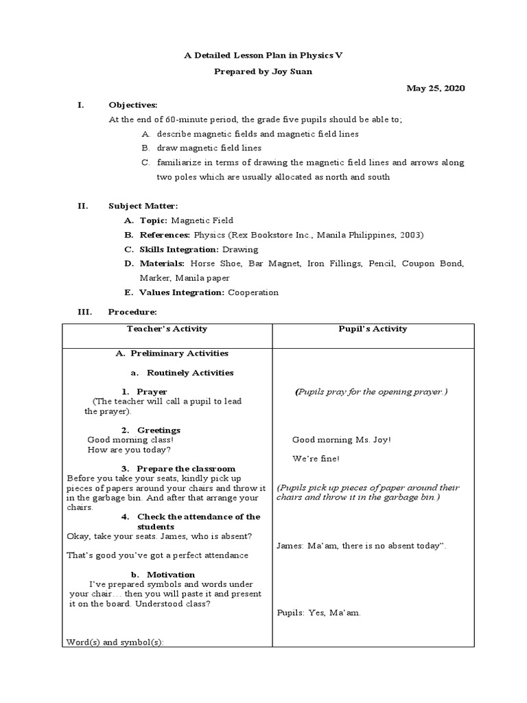 A Detailed Lesson Plan in Physics V (Suan, Joy) | PDF | Magnetism ...