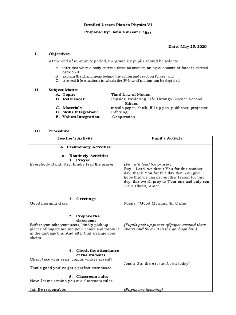 Detailed Lesson Plan in Physics VI (Cañas, John Vincent) | PDF | Force ...