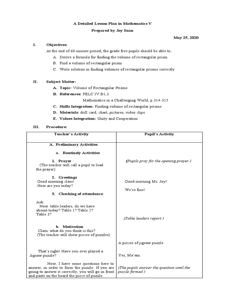 Detailed Lesson Plan Math 5 (Suan, Joy) | PDF | Volume | Length