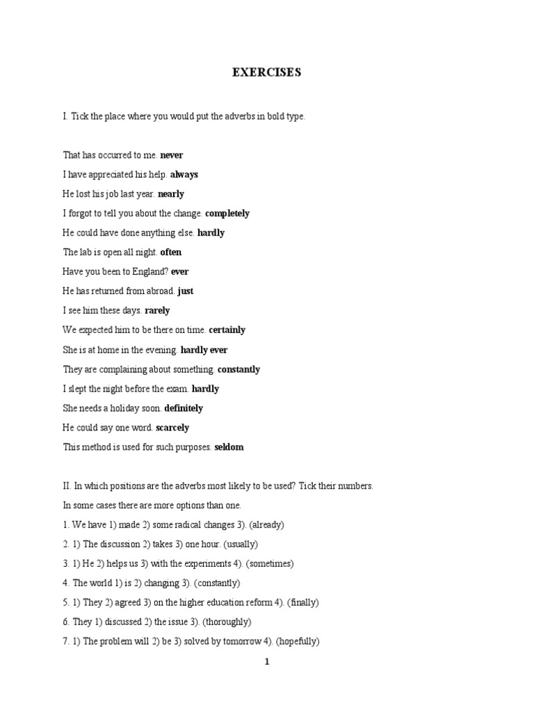 Adverb Position Exercises Guide | PDF | Language Arts & Discipline