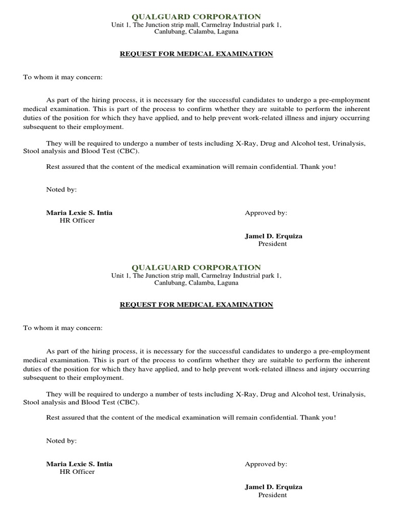 Request For Medical Examination | PDF
