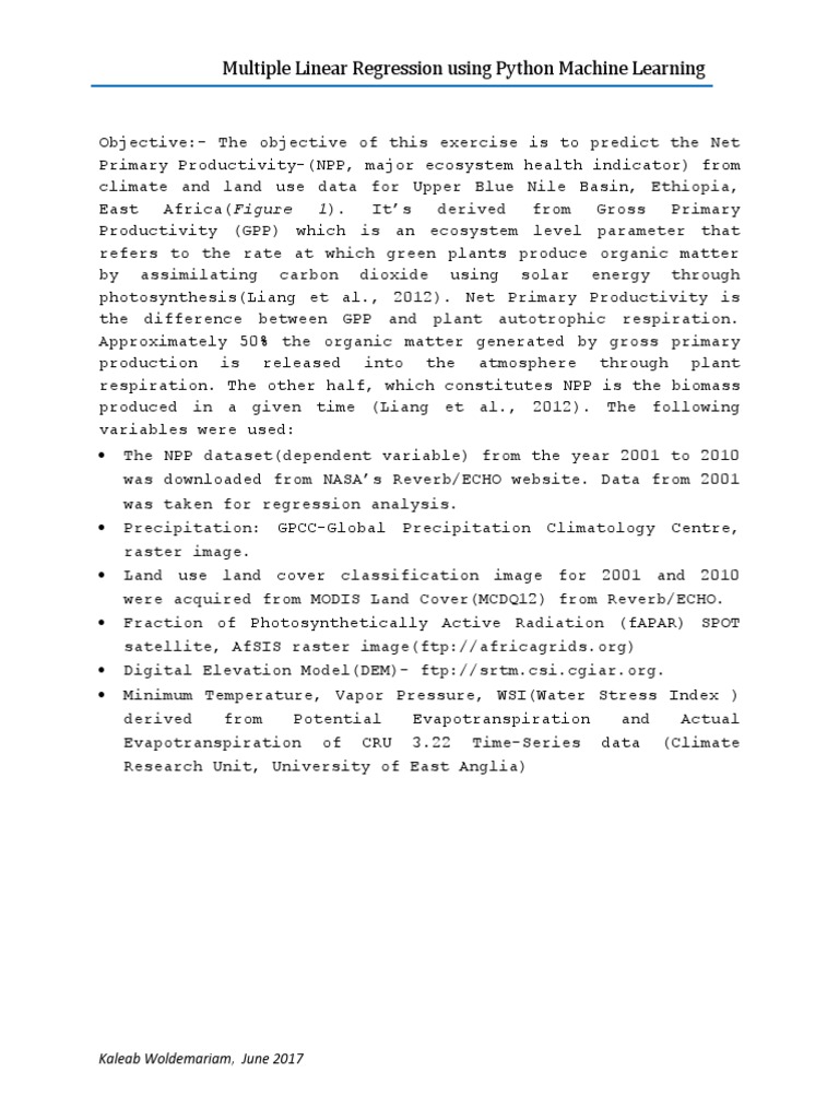 Multiple Linear Regression Using Python Machine Learning: Kaleab Woldemariam, June 2017 | PDF ...