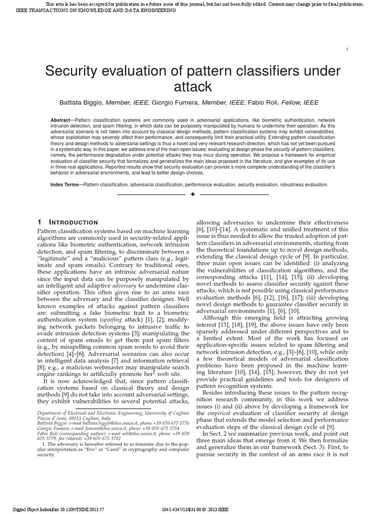 Security Evaluation of Pattern Classifiers Under Attack | PDF | Statistical Classification ...