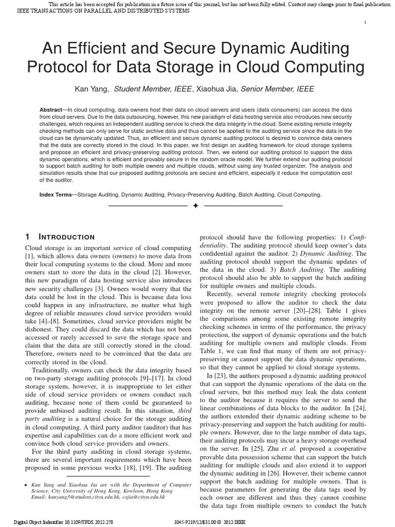 An Efficient and Secure Dynamic Auditing Protocol For Data Storage in Cloud Computing | PDF ...