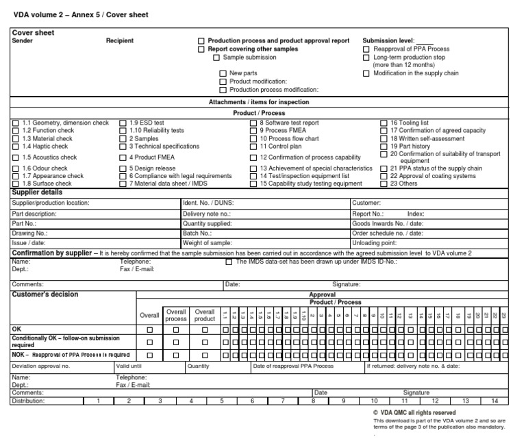 VDA Volume 2 - Annex 5 / Cover Sheet: Sender Recipient Submission Level | PDF | Business Process ...