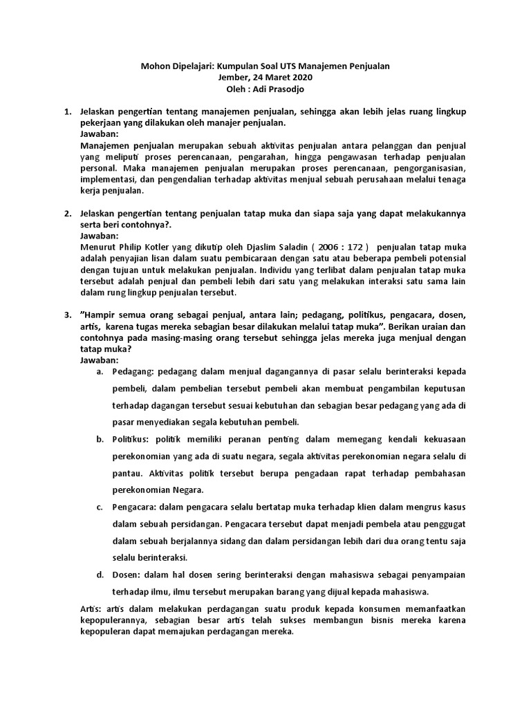 Kumpulan Soal Dan Jawaban UTS MP Maret 2020 | PDF
