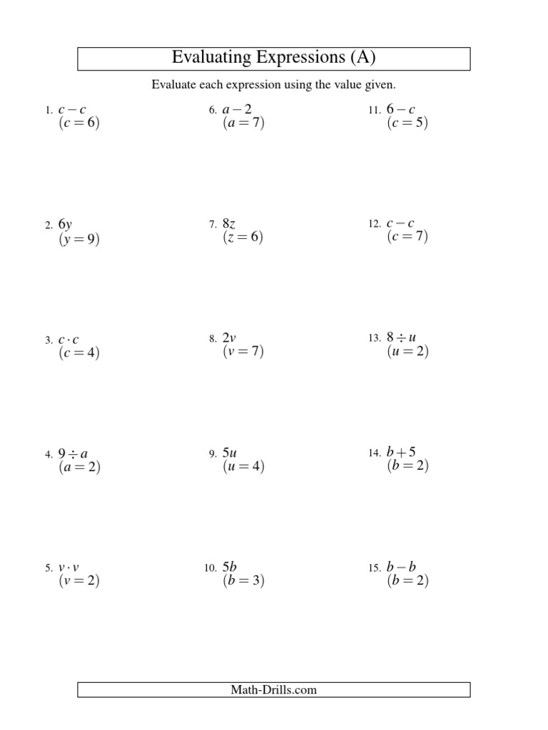 Evaluating Expressions (A) : C C (C 6) A 2 (A 7) 6 C (C 5) | PDF
