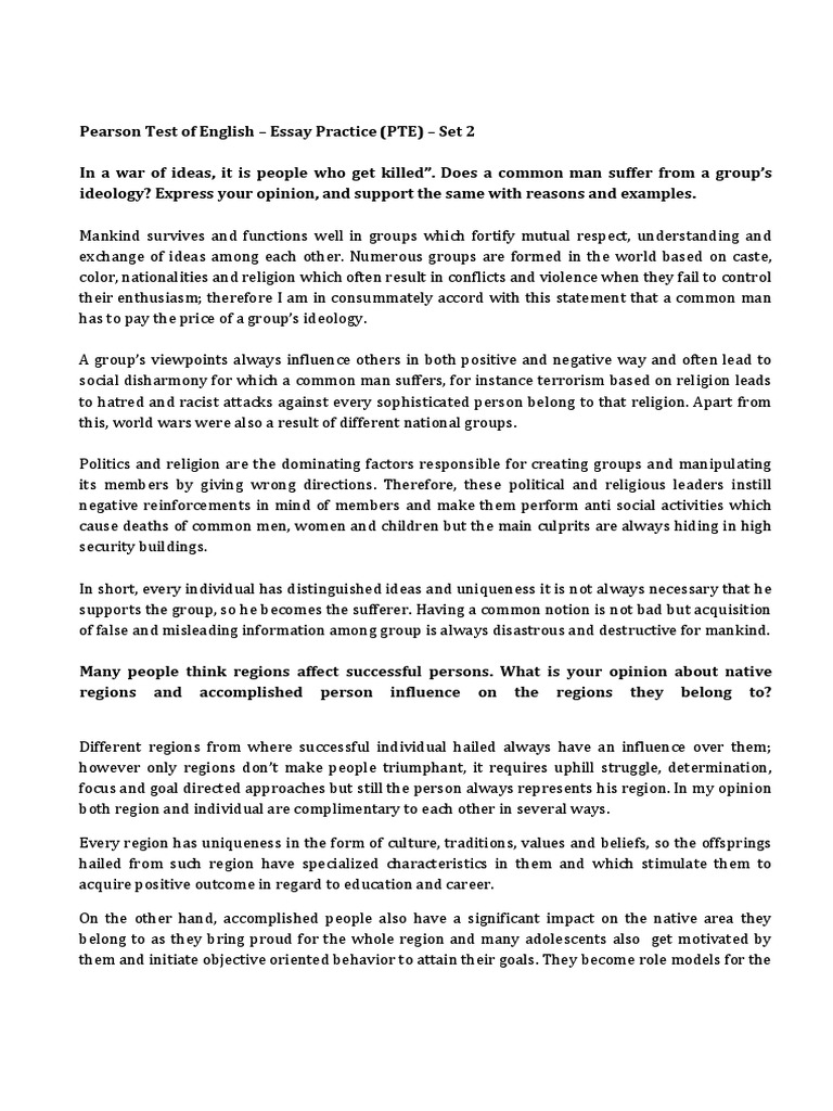 Pearson Test of English Essay Practice (PTE) Set 2 | PDF | Tourism | Retail