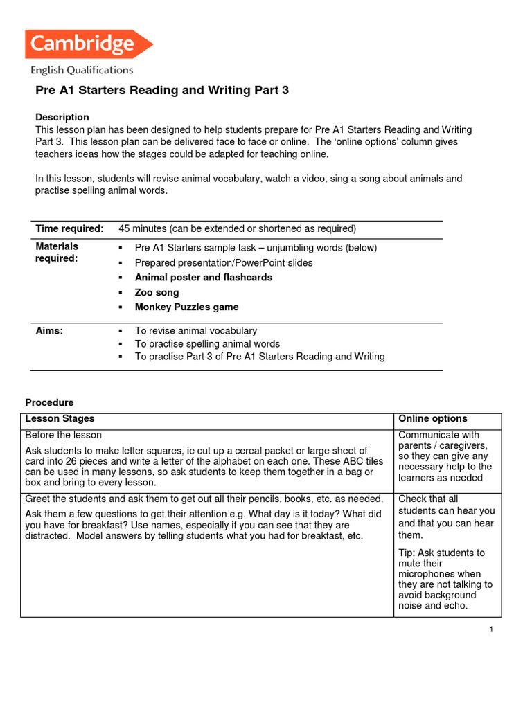 Pre A1 Starters: Animal Vocabulary Lesson | PDF | Vocabulary | Lesson Plan
