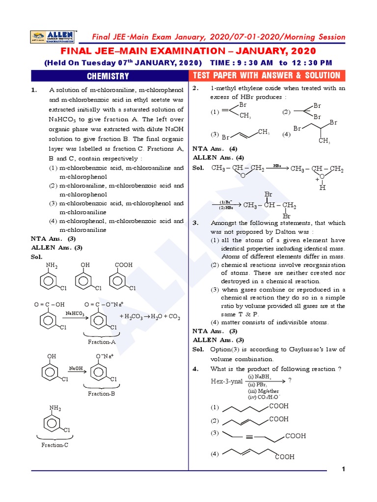 Allen: Final Jee-Main Examination - January, 2020 | PDF