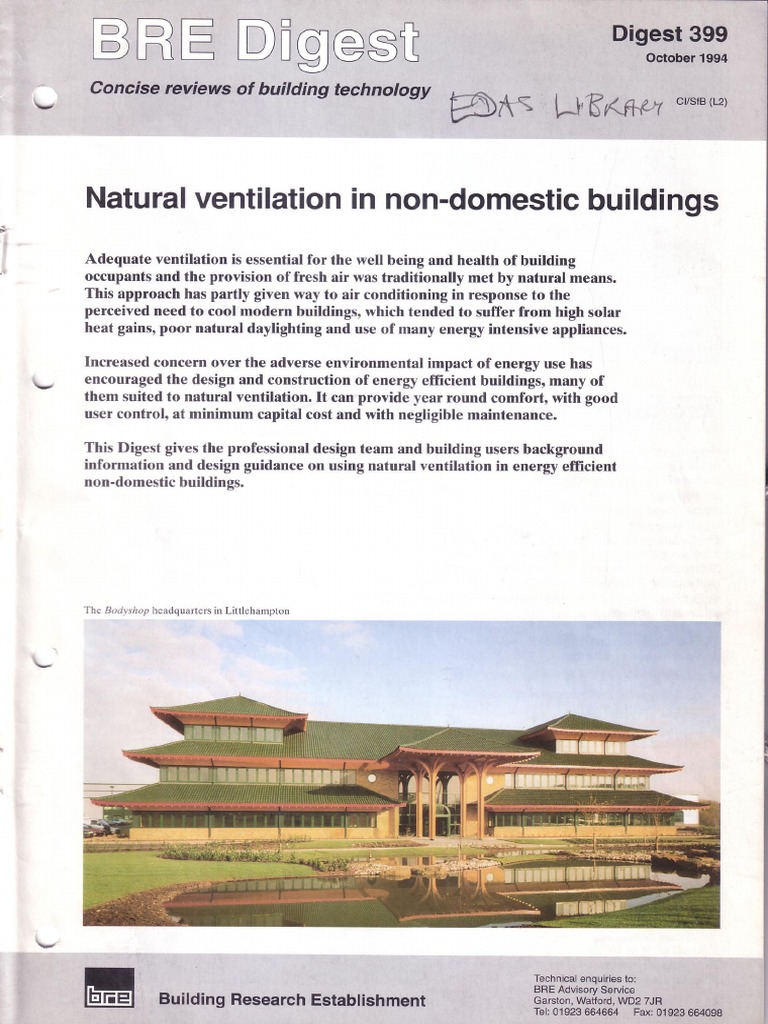 BRE Digest 399 (1994) Natural Ventilation in Non-Domestic Buildings | PDF
