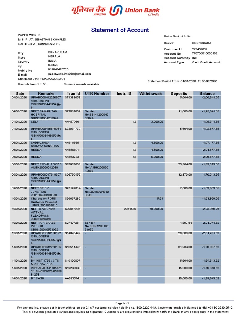 Statement of Account: Date Tran Id Remarks UTR Number Instr. ID ...