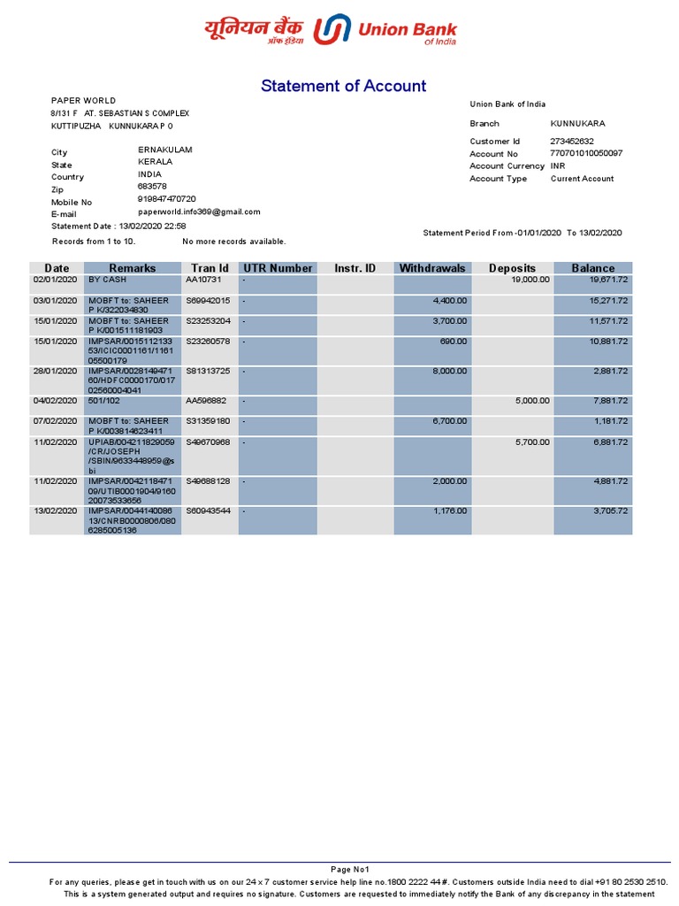 Union Bank Statement Overview | PDF | Business | Money