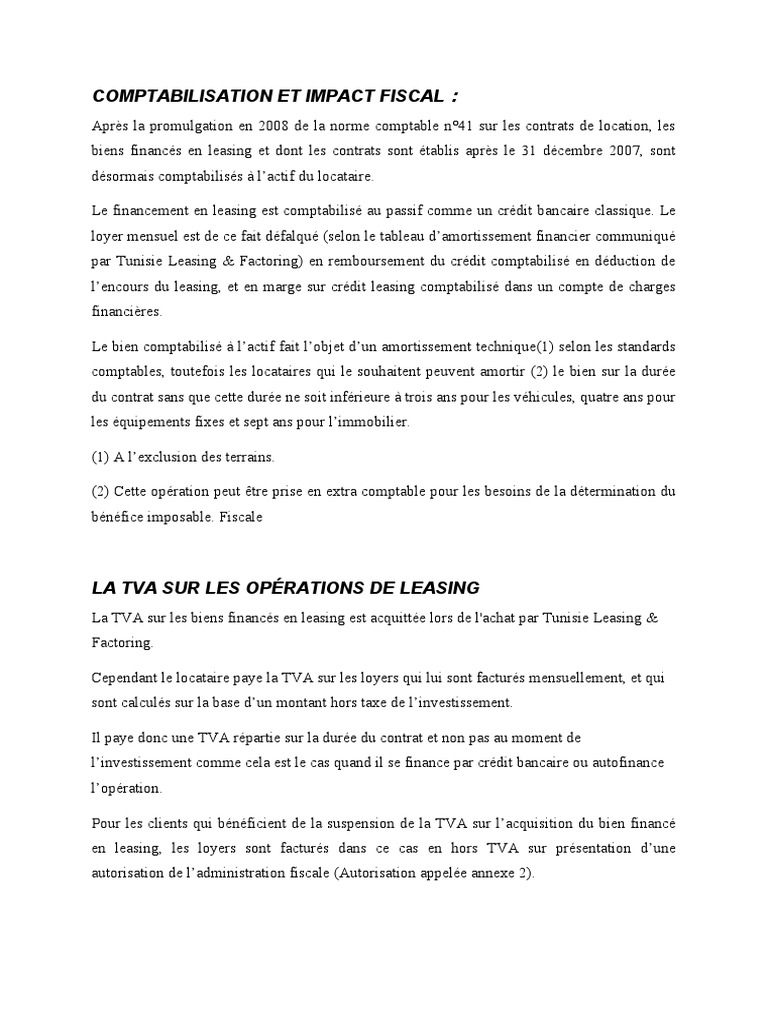 Comptabilisation et TVA du leasing en Tunisie | PDF | Finance et ...